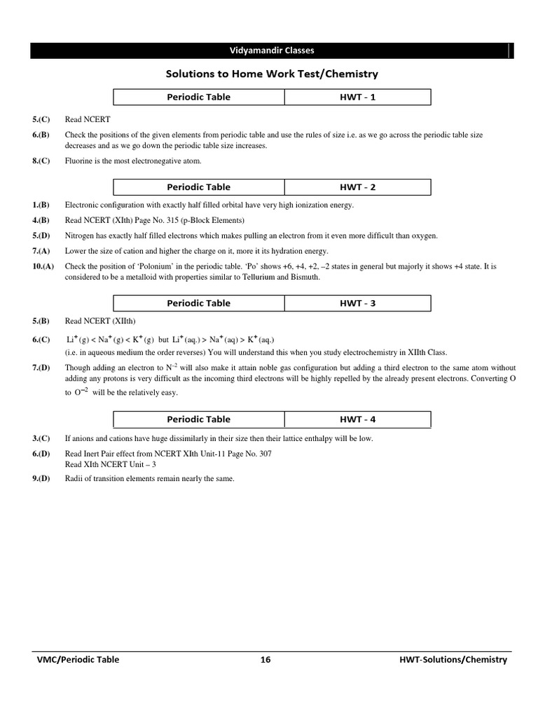 Periodic Table Homework Solutions | PDF