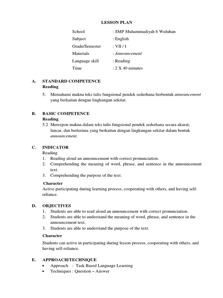 LESSON PLAN Announcement | PDF | Worksheet | Lesson Plan