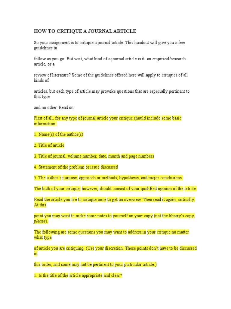 How To Critique A Journal Article | PDF | Thesis | Literature Review
