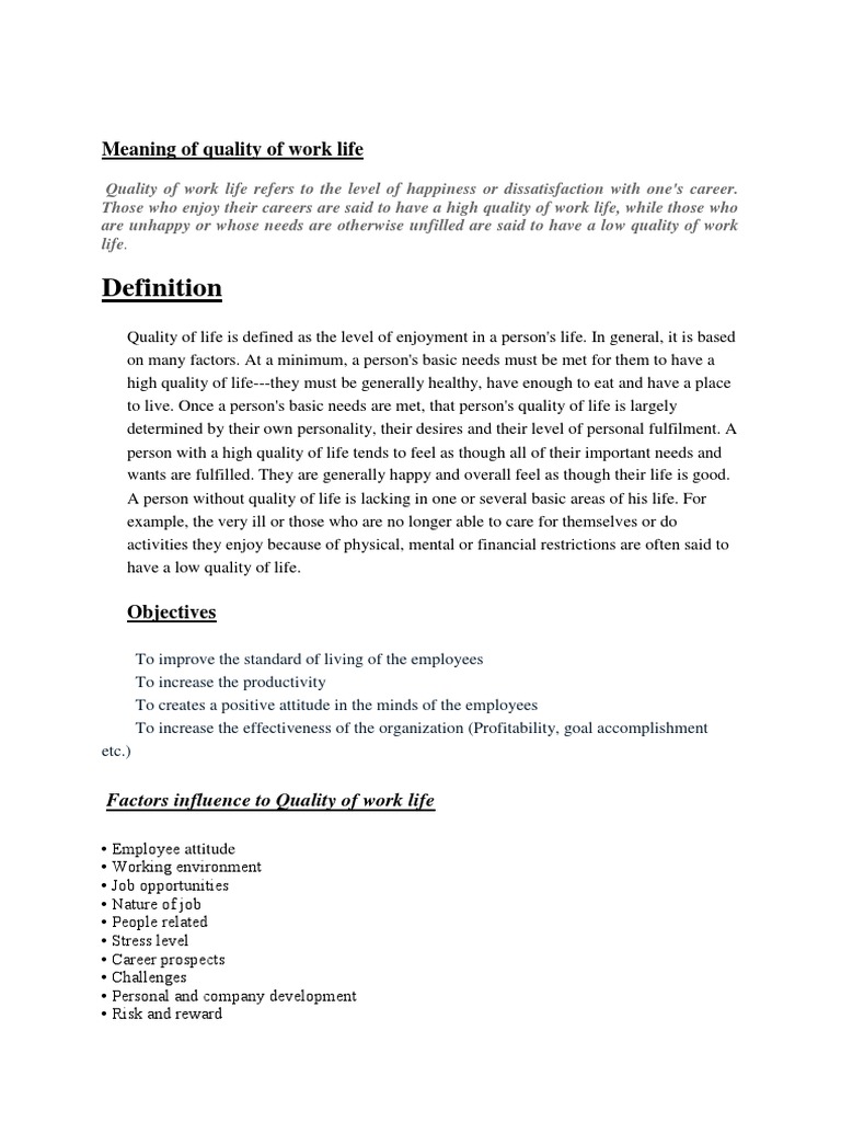 Quality of Work Life Explained | PDF | Workweek And Weekend | Quality ...