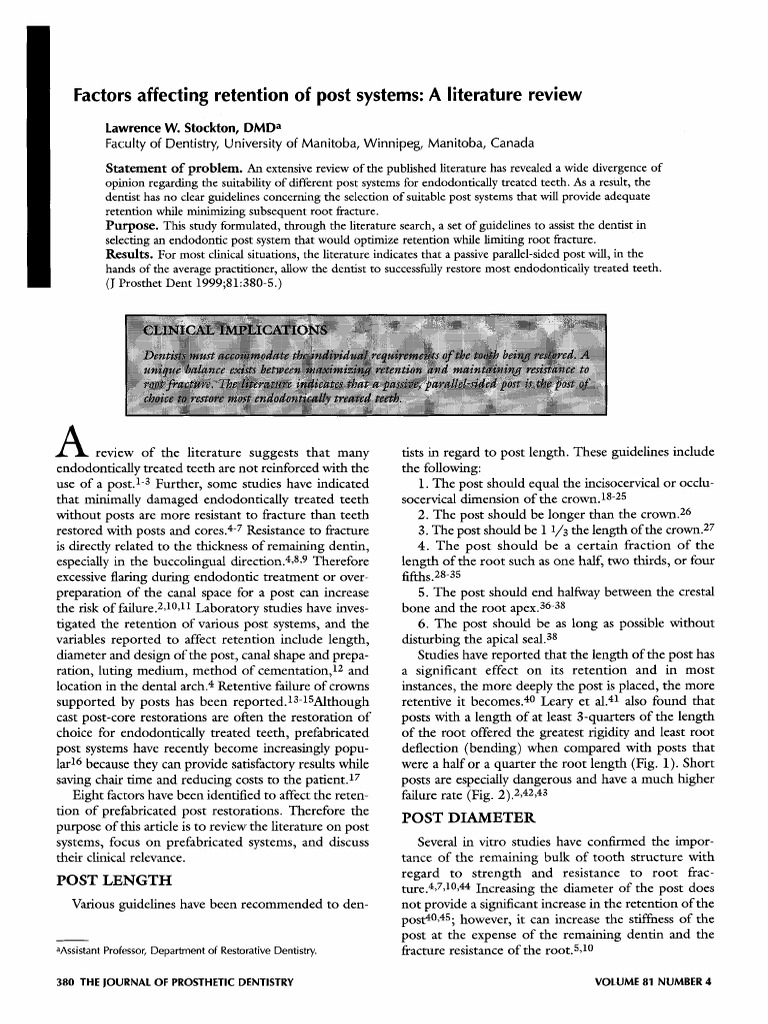 Factors Affecting Retention of Post Systems | PDF | Dentistry ...