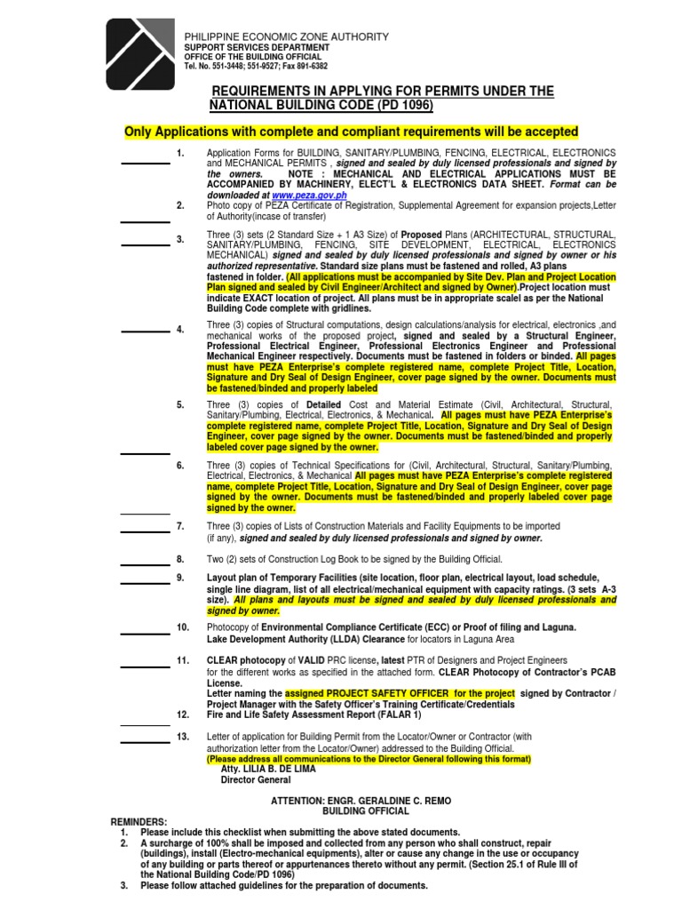 Checklist PEZA Permit | Engineer | General Contractor