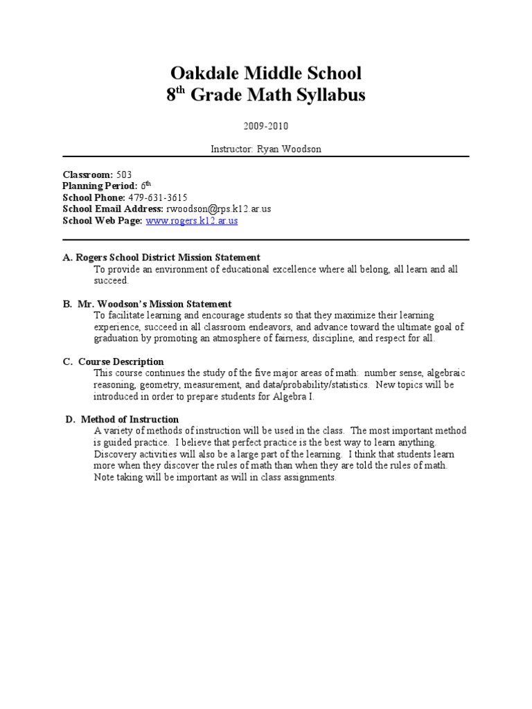 8th Grade Math Syllabus Overview | PDF | Homework | Teaching Mathematics