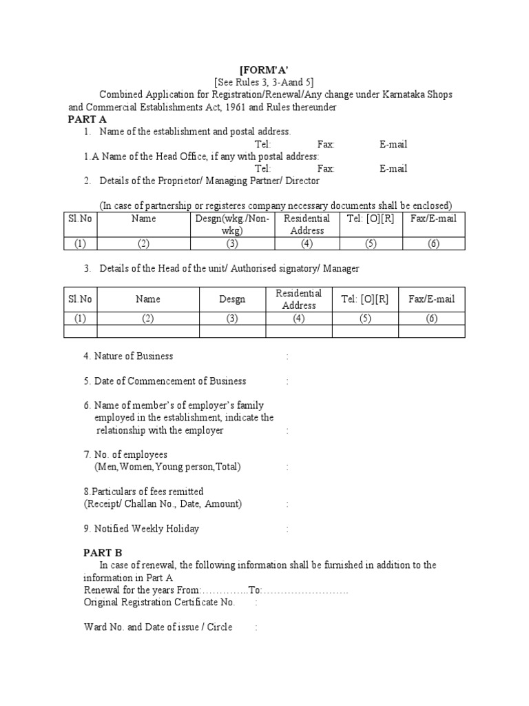 Karnataka Shops Act Registration Form | PDF | Background Check | Employment