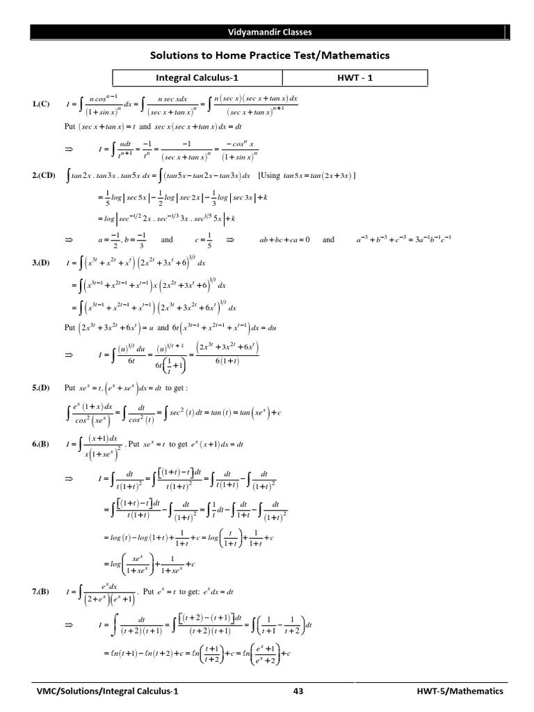 Solutions To Home Practice Test/Mathematics: Integral Calculus-1 HWT ...