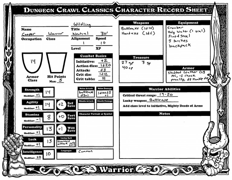 Warrior 2 - Dungeon Crawl Classics Character Sheet | PDF
