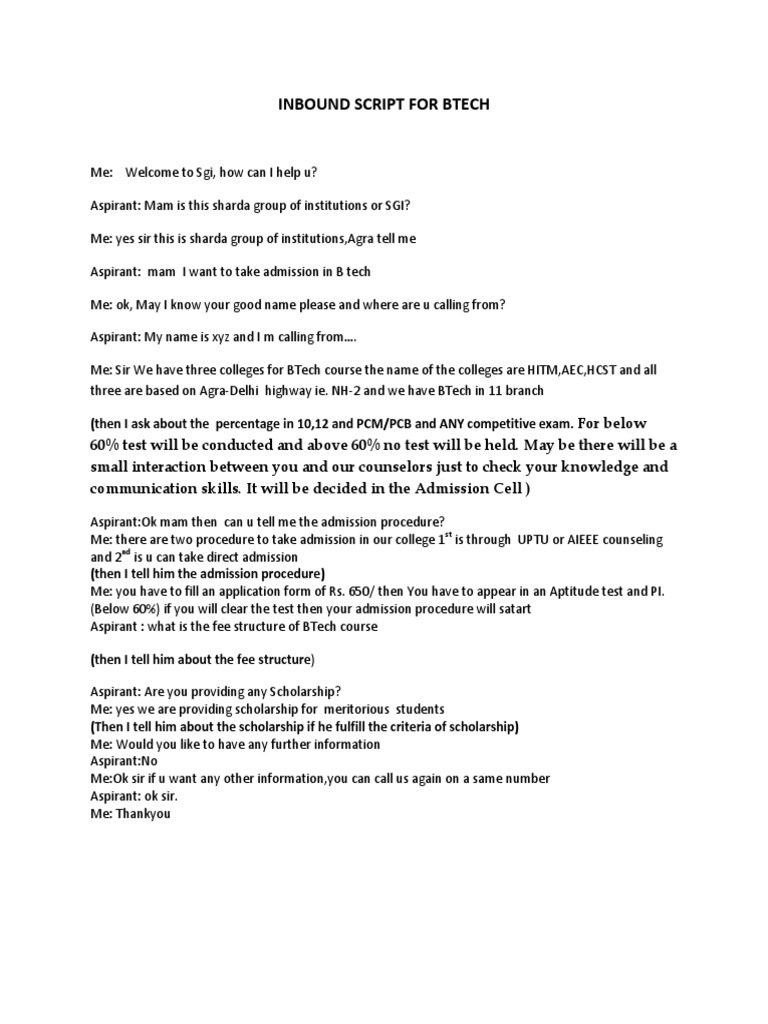 BTech Admission Inbound Call Script | PDF | Career & Growth | Business