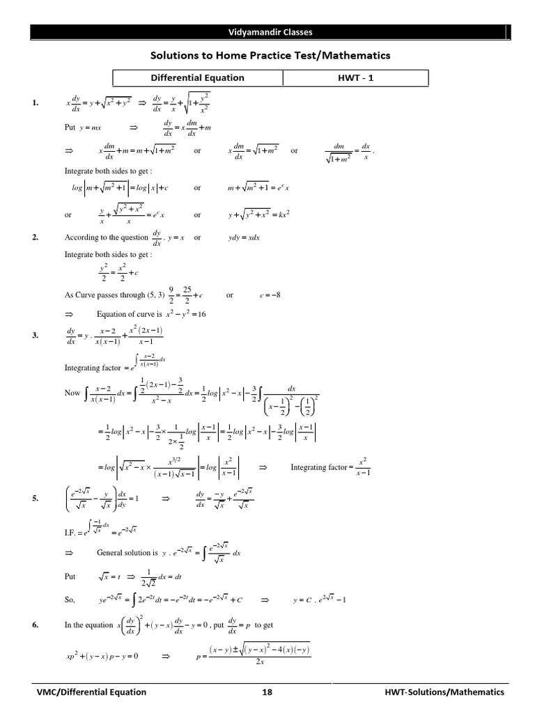 Solutions To Home Practice Test/Mathematics: Differential Equation HWT ...