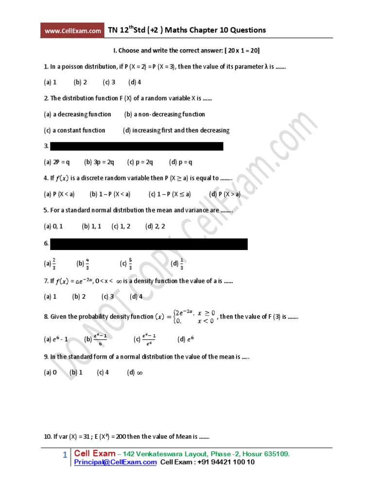 TN 12 STD (+2) Maths Chapter 10 Questions: I. Choose and Write The ...