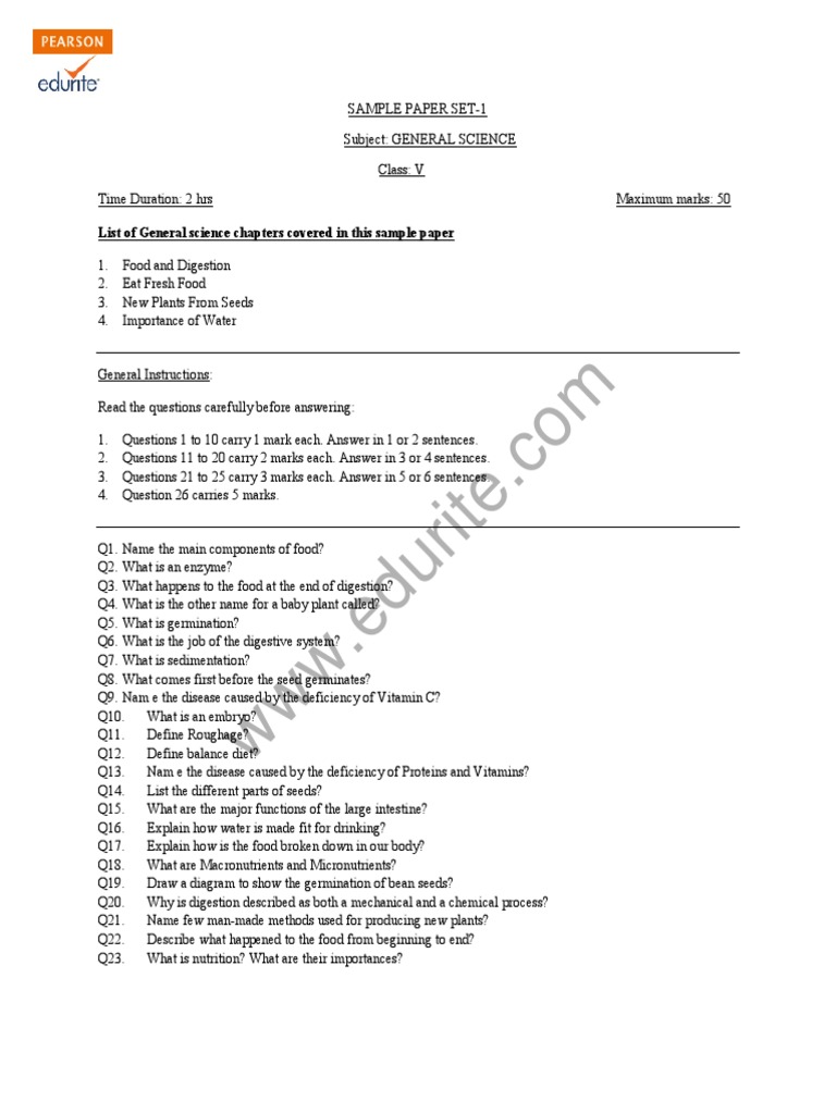 Class 5 Cbse Science Sample Paper Term 1 Model 1 | PDF