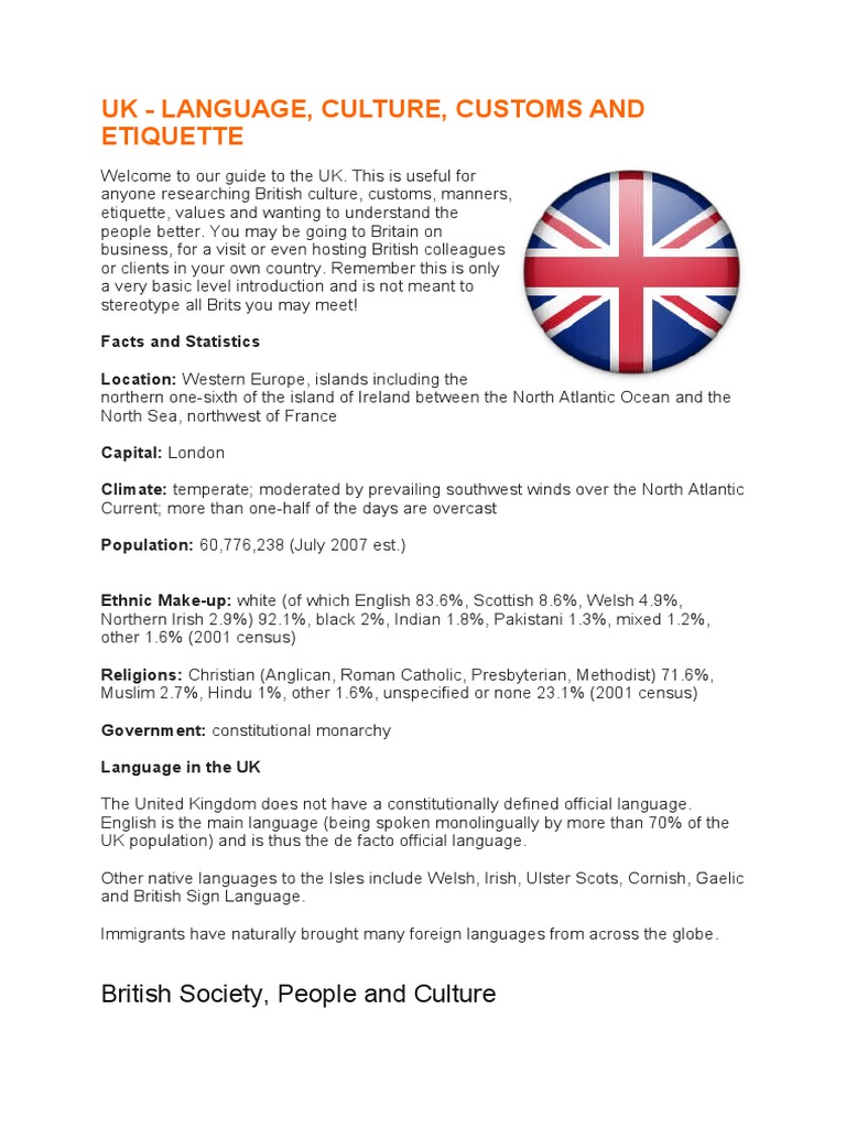 Uk - Language, Culture, Customs and Etiquette | PDF | Etiquette | Wales