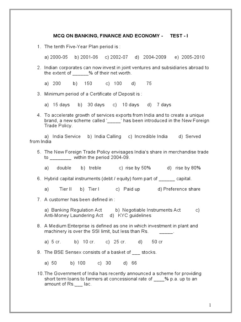 MCQs on Banking and Finance | PDF | Money | Banking