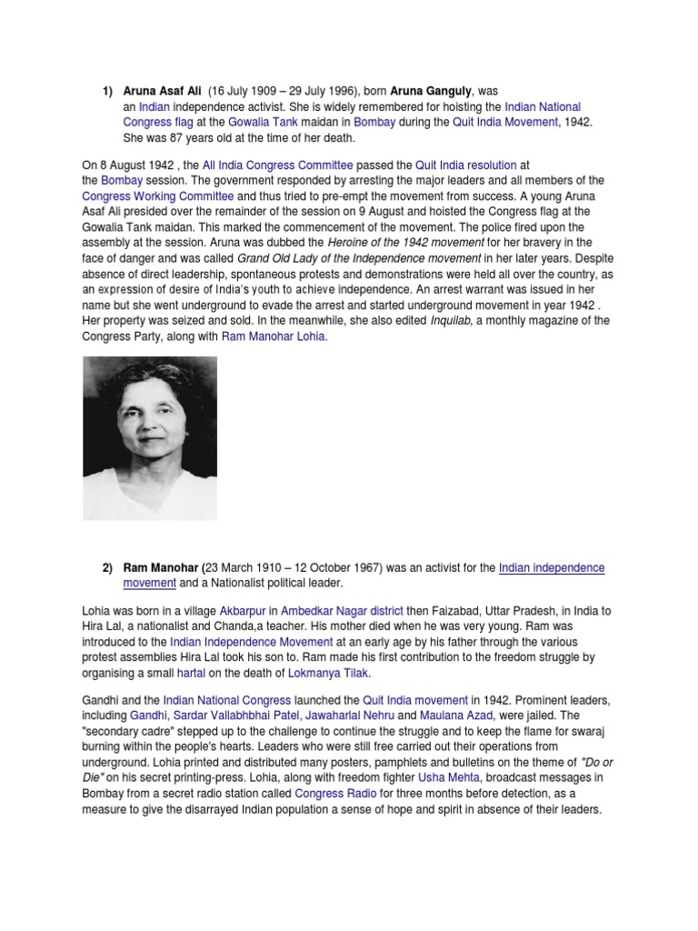 1) Aruna Asaf Ali (16 July 1909: Die" On His Secret Printing-Press ...