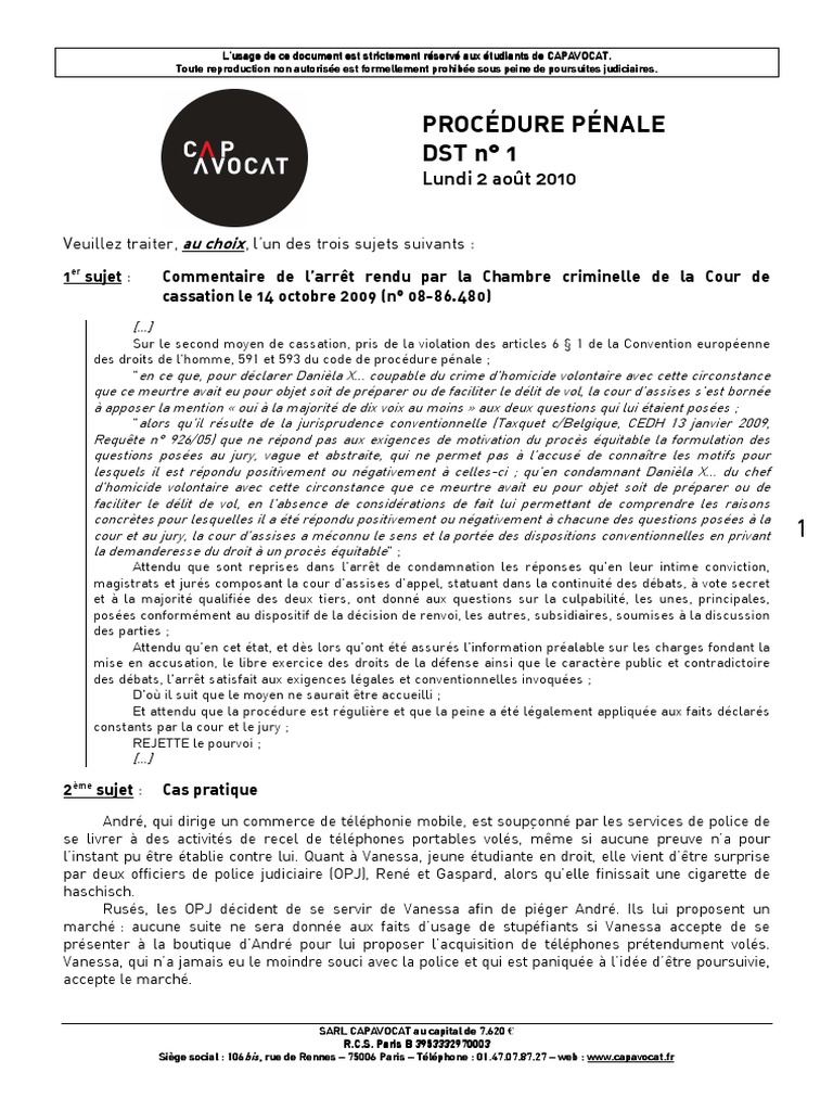 2010 Sujets Procedure Penale DST 1 | PDF