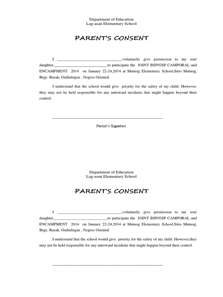 Parent'S Consent: Department of Education Lag-Asan Elementary School | PDF
