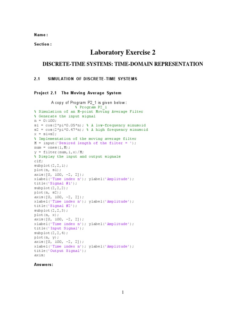 Laboratory Exercise 2: Discrete-Time Systems: Time-Domain Representation | PDF | Signal ...