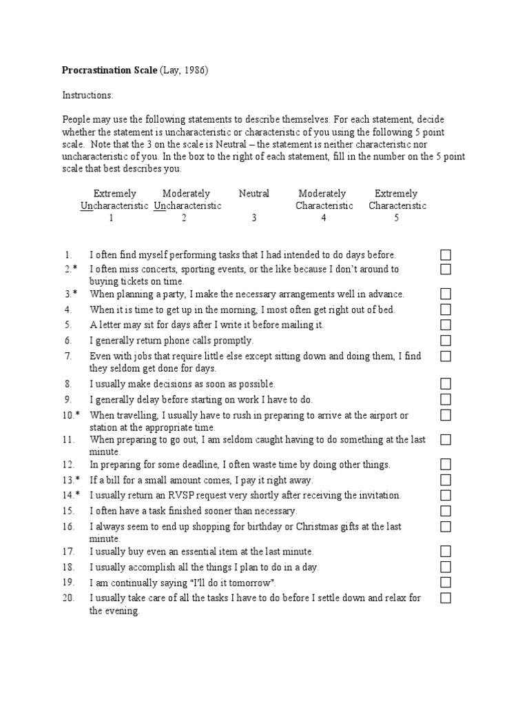 Procrastination Scale (Lay, 1986) | PDF | Career & Growth | Language Arts & Discipline