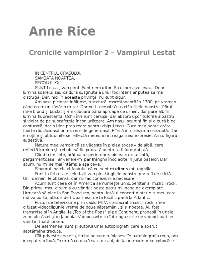 Anne Rice-Cronicile Vampirilor - Vampirul Lestat | PDF
