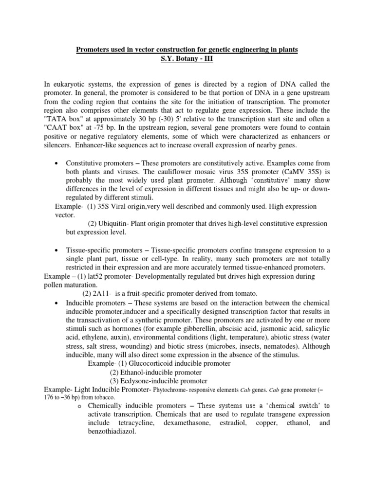 Promoters for Plant Genetic Engineering | PDF | Promoter (Genetics ...