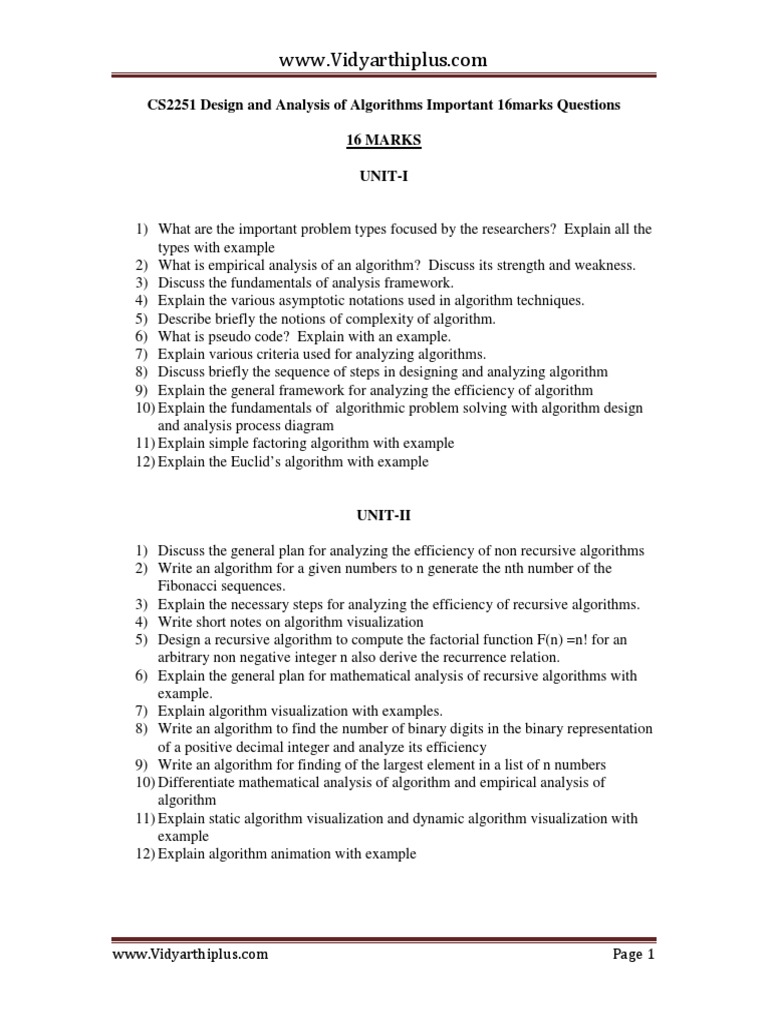 CS2251 Design and Analysis of Algorithms Important 16marks Questions 16 Marks Unit-I | PDF ...