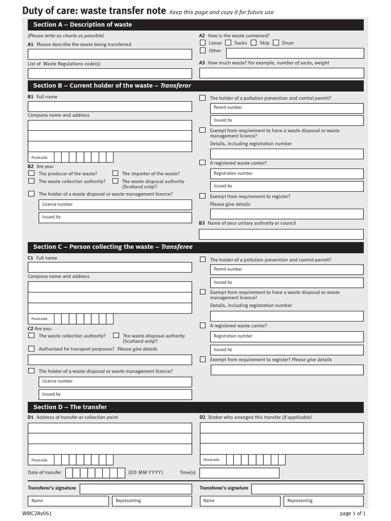 Duty of Care Waste Transfer Note For UK | PDF