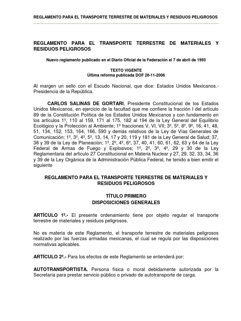 Reglamento para El Transporte Terrestre de Materiales y Residuos Peligrosos | PDF