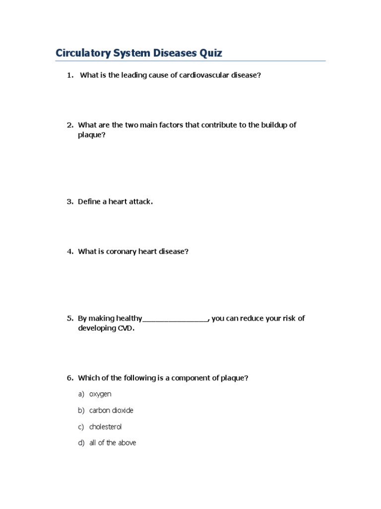Circulatory System Diseases Quiz | PDF | Myocardial Infarction ...