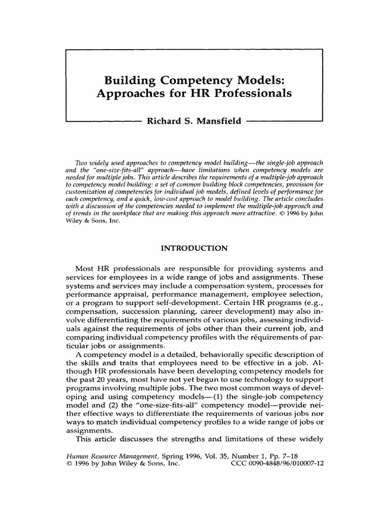 Building Competency Models Approaches For HR Professionals | PDF ...