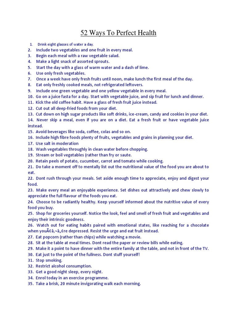 52 Ways To Perfect Health: 1. Drink Eight Glasses of Water A Day | PDF ...