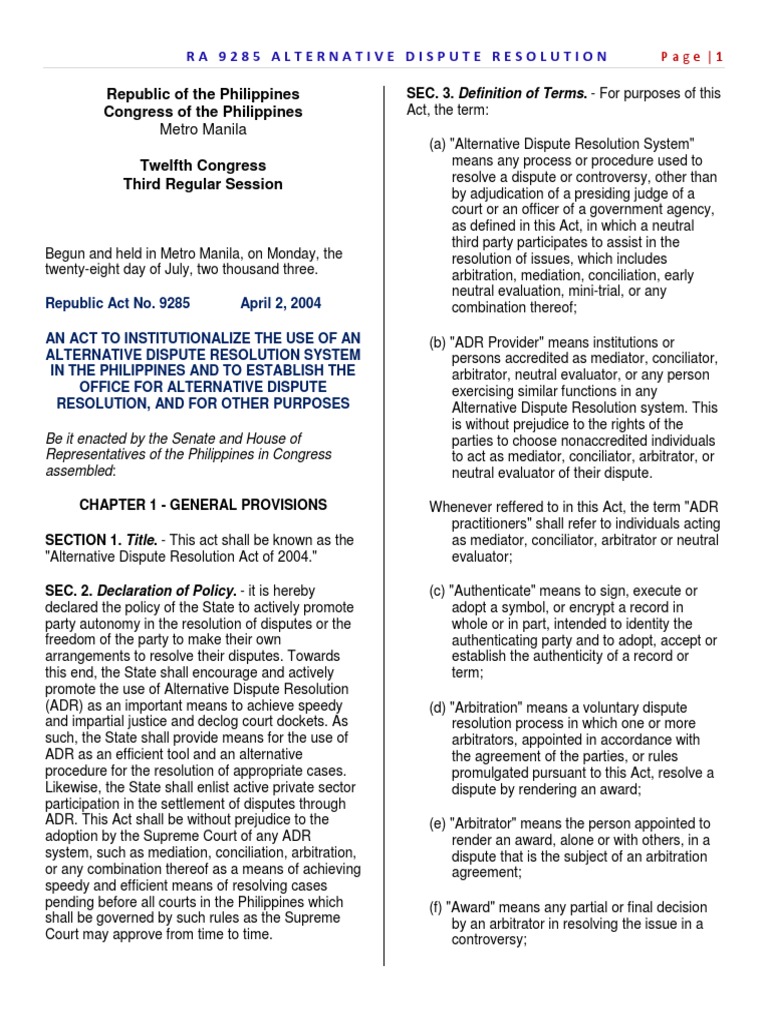 ADR Law RA 9285 | Mediation | Alternative Dispute Resolution