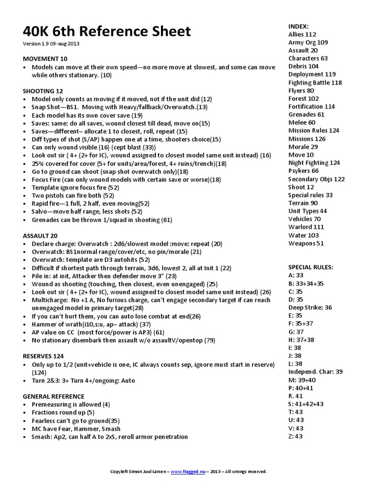 40K 6th Reference Sheet | PDF | Military Science | Military
