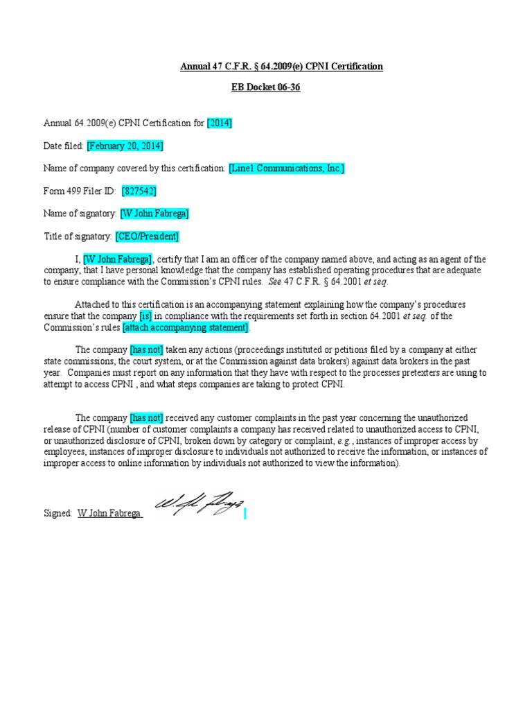 Annual 47 C.F.R. 64.2009 (E) CPNI Certification EB Docket 06-36 | PDF ...