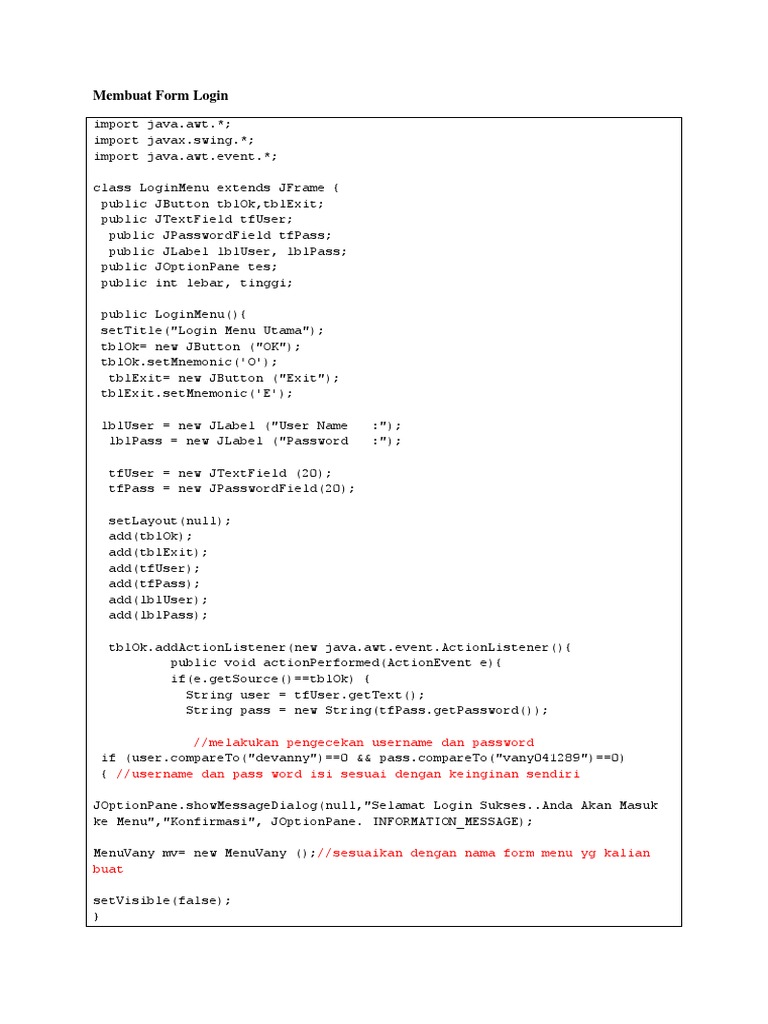 Membuat Form Login Dengan Menggunakan Bahasa Pemrograman Java | PDF