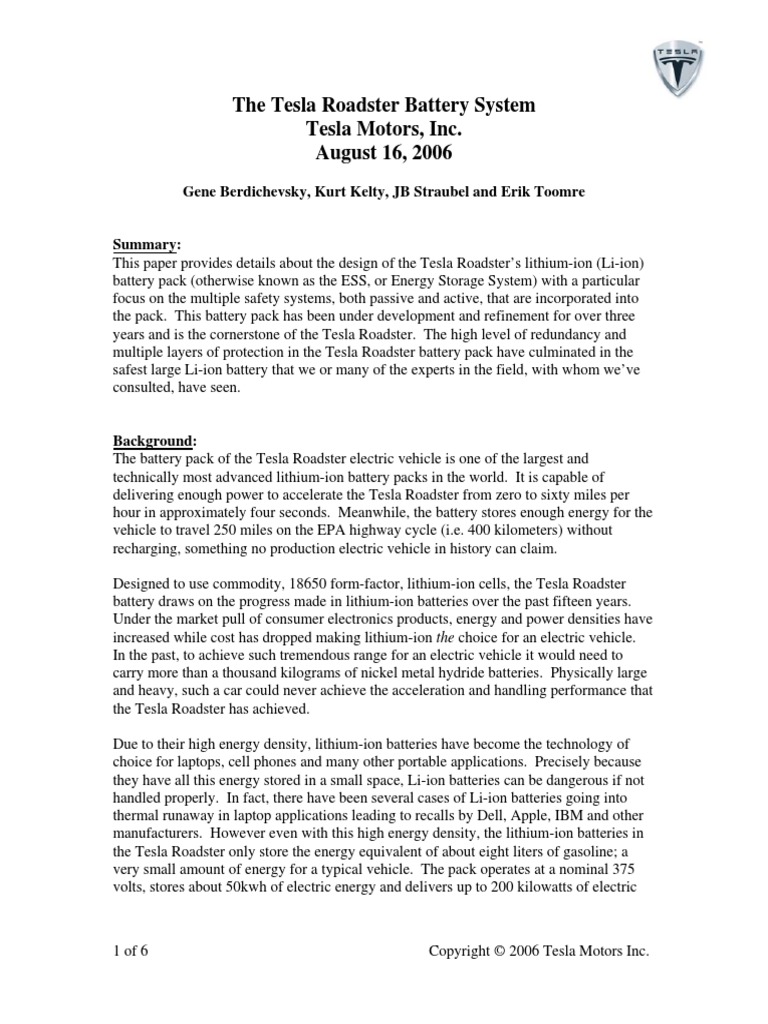 Tesla Roadster Battery System | PDF | Battery (Electricity) | Lithium ...