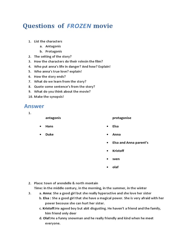 Questions of Movie: Frozen | PDF