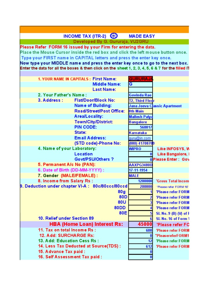 ITR2 (Indian Income Tax Returns 2) by Gururaja (EXCEL FILE) | PDF ...