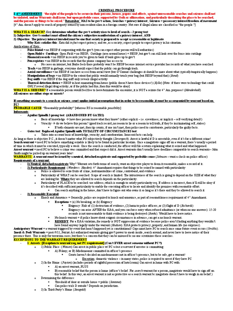 Crim Pro Cheat Sheet | PDF | Arrest | Fourth Amendment To The United ...