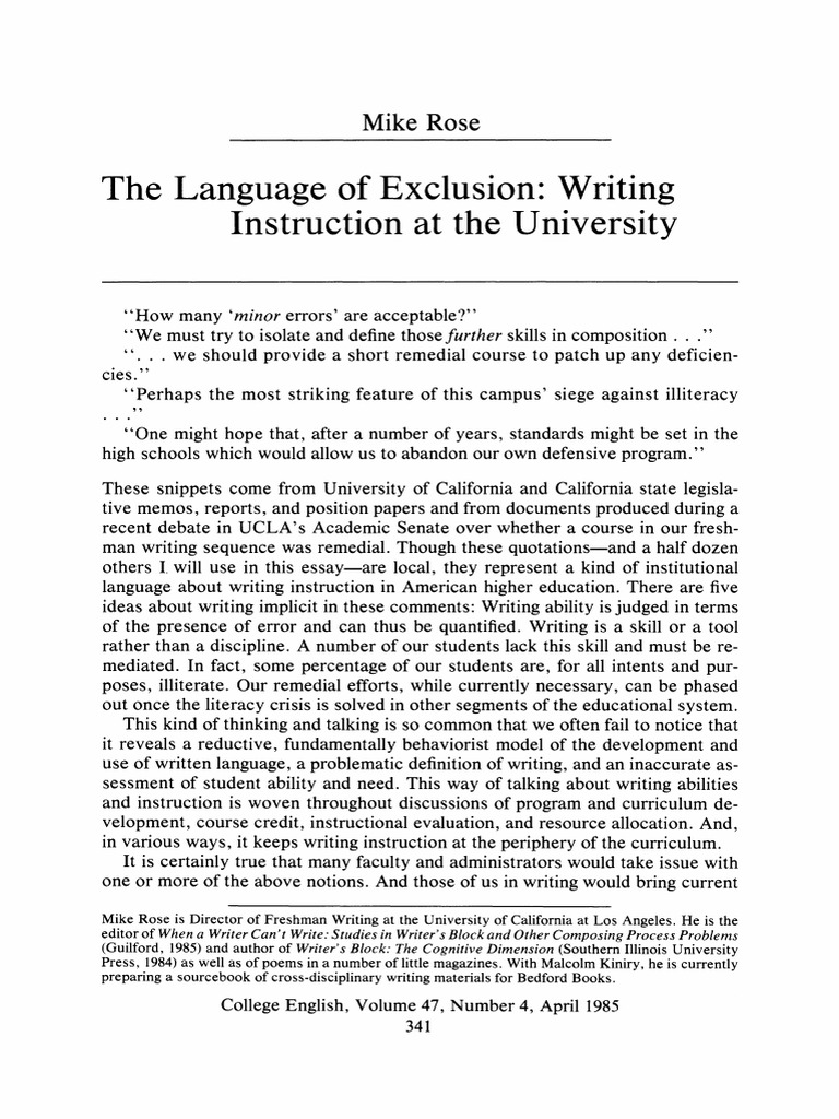 Mike Rose The Language of Exclusion | PDF | Literacy | Dyslexia