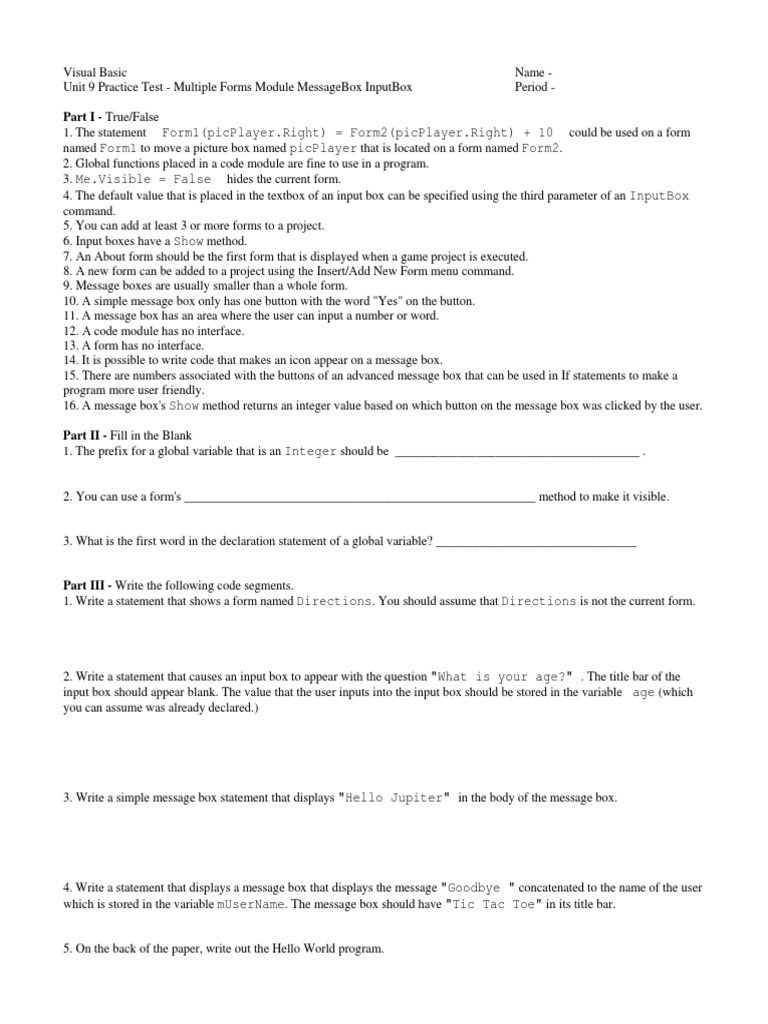 Vb Unit 9 Practice Test Multiple Forms And Message Boxes Pdf Modular Programming Button