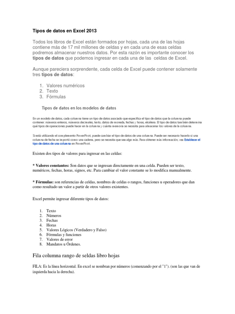 Tipos de Datos en Excel 2013 | PDF | Microsoft Excel | Tipo de datos