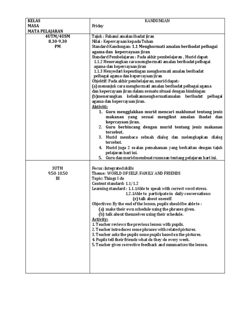 Kelas Masa Mata Pelajaran 4UTM/4USM 8.30-9.30 PM Agama Dan Kepercayaan ...