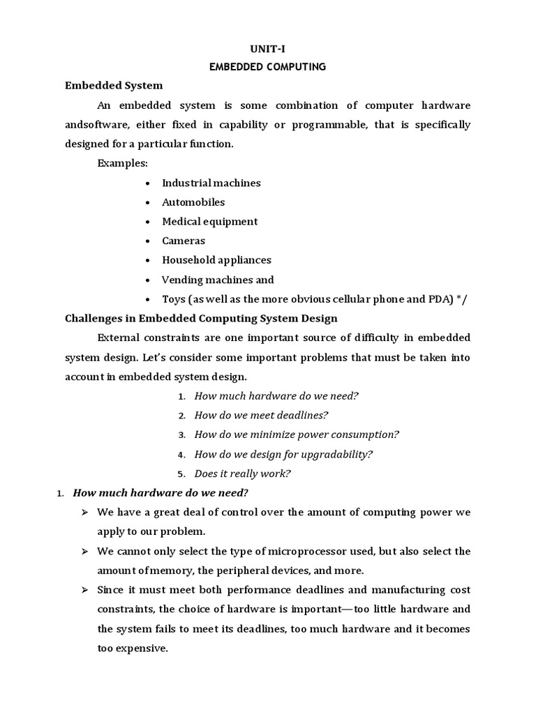 Unit 1-Embedded | PDF | Embedded System | Computer Hardware