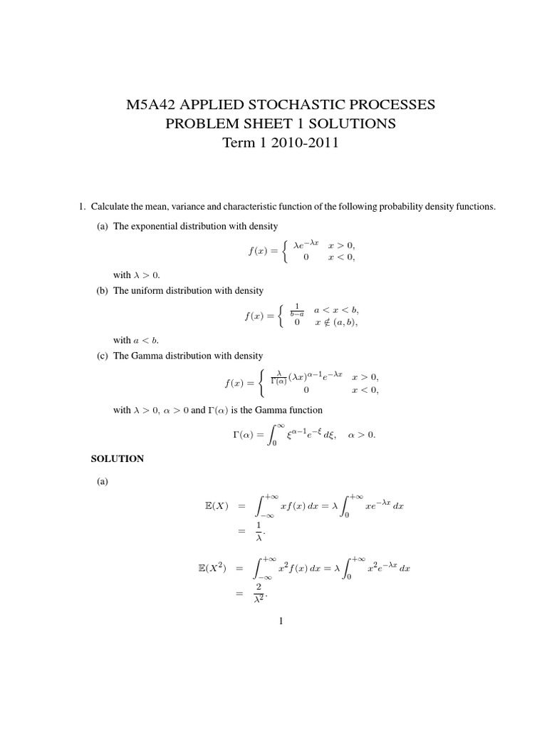 M5A42 Applied Stochastic Processes Problem Sheet 1 Solutions Term 1 2010-2011 | PDF ...