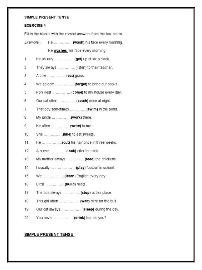 Example:: Simple Present Tense Exercise 4 | PDF | Grammar