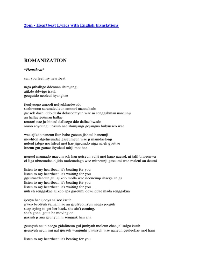 Romanization: 2pm - Heartbeat Lyrics With English Translations | PDF | Leisure
