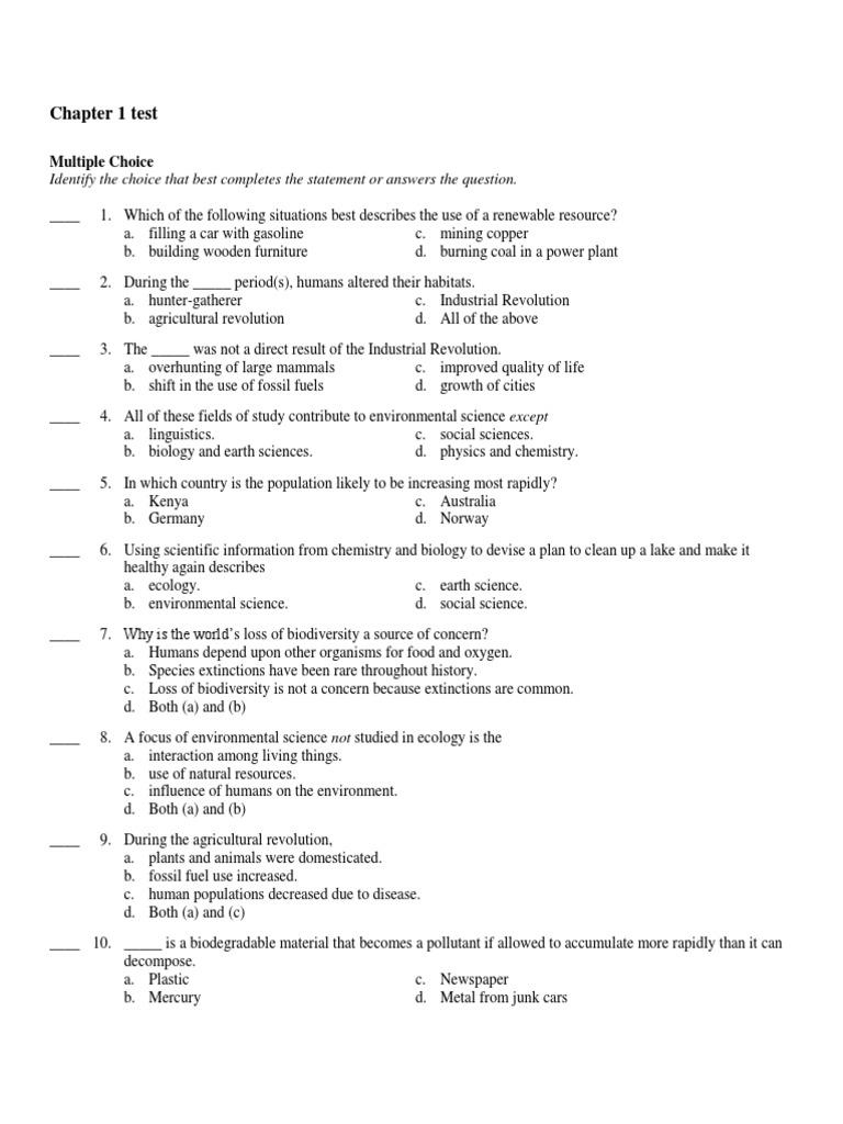 Environmental Science Chapter 1 Test | PDF | Biodiversity | Renewable ...