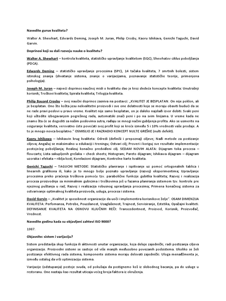 Menadzment Kvaliteta Pitanja I Odgovori Za Ispit | PDF