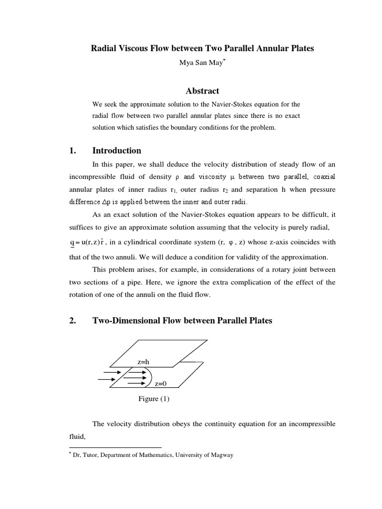 Radial Viscous Flow Between Two Parallel Annular Plates | PDF | Navier ...