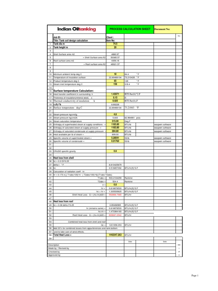 Tank Heat Calculation | PDF | Thermal Insulation | Steam