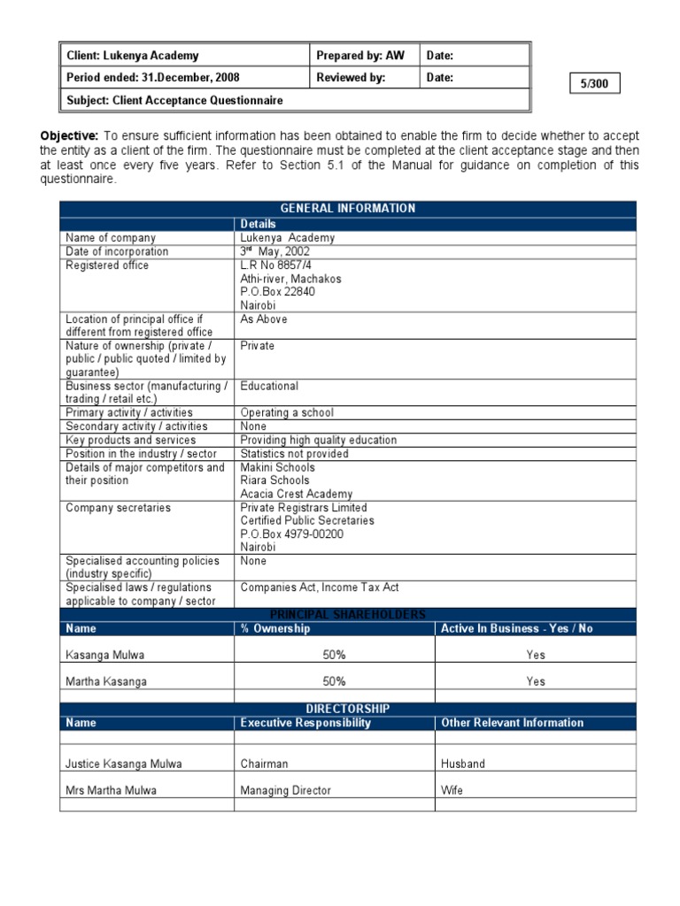 05.03 Client Acceptance Questionnaire | Audit | Financial Statement